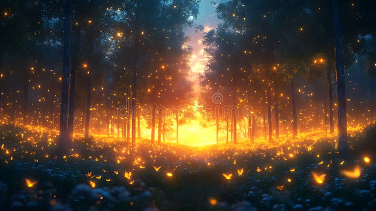 Firefly Forest Path Sunset Fantasy Background Stock Illustration ...