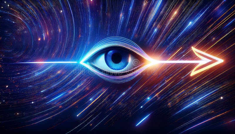 A Glowing Neon Arrow with an Eye and Star Trails Stock Illustration ...