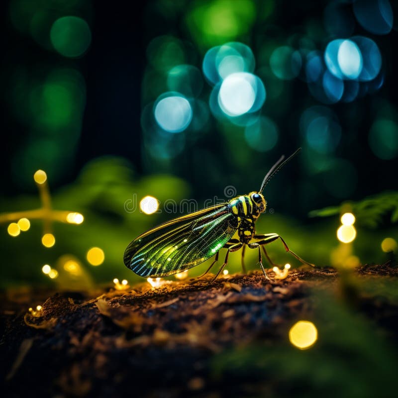 Firefly Illuminating Dark Forest in Macro Shot Stock Photo - Image of ...