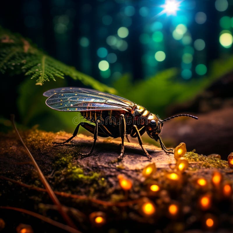 Firefly Illuminating Dark Forest in Macro Shot Stock Photo - Image of ...