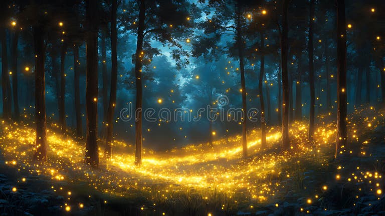 Firefly Magic, Night Forest, Glowing Path, Fantasy Scene Stock ...