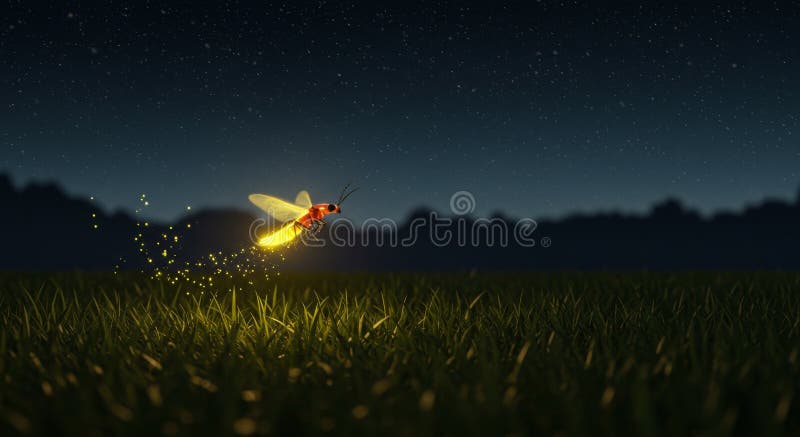 Firefly Magic Over Night Grass a Single Firefly Illuminates a Field at ...