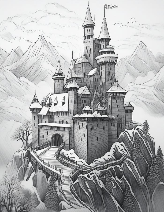 Medieval Castle on a Rocky Peak Drawn in Black and White Stock ...