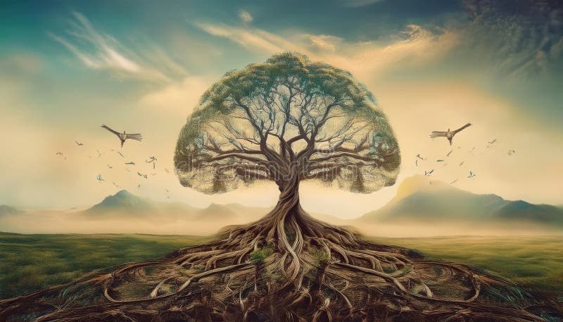 Firefly Surrealism Tree with Intertwining Roots Creating an ...