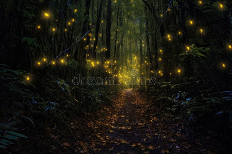 Firefly Trail Leading into the Depths of a Dark Forest Stock ...