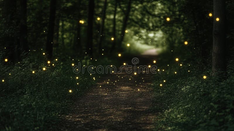 Firefly Trail Path Summer Night Forest Background Stock Image - Image ...