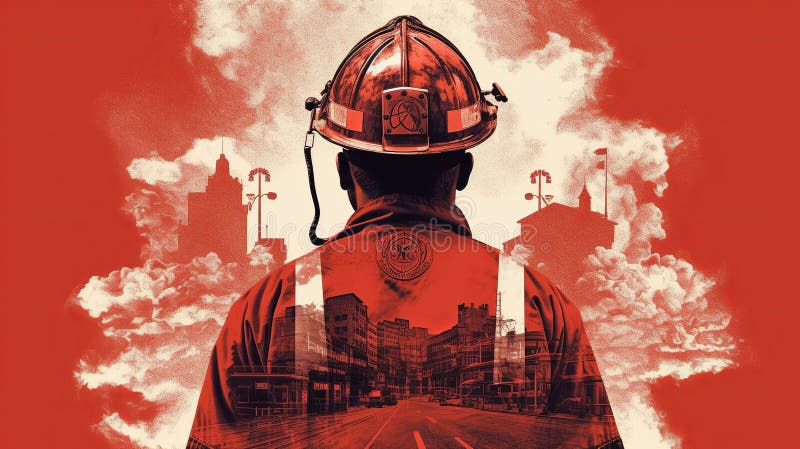Fireman from Back with Double Exposure in Graphic Stock Photo - Image ...