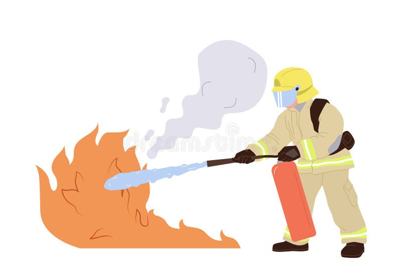 Fireman Cartoon Character in Uniform with Extinguisher Putting on Fire ...