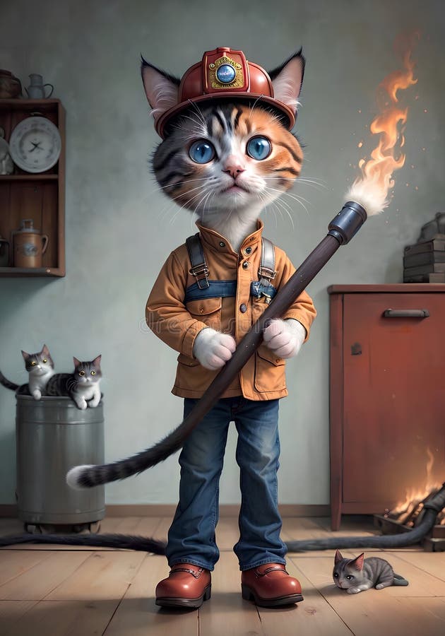 A Fireman Cat Extinguishes a Fire in a House. Stock Illustration ...