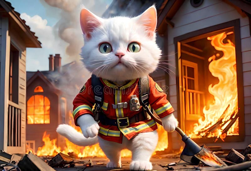 A Fireman Cat Extinguishes a Fire in a House. Stock Illustration ...