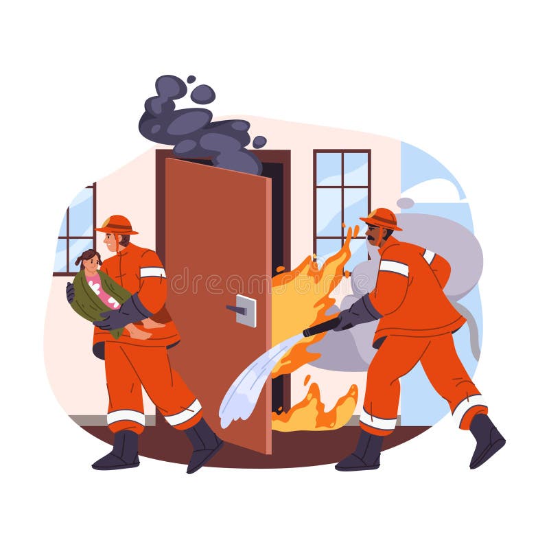 Fireman Extinguish Fire and Child Rescue. Vector Stock Vector ...