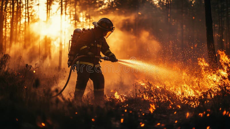 Fireman Fighting a Great Fire. Stock Illustration - Illustration of ...