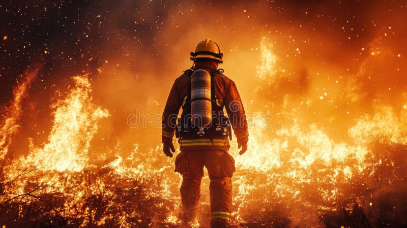 Fireman Fighting a Great Fire. Stock Photo - Image of working ...