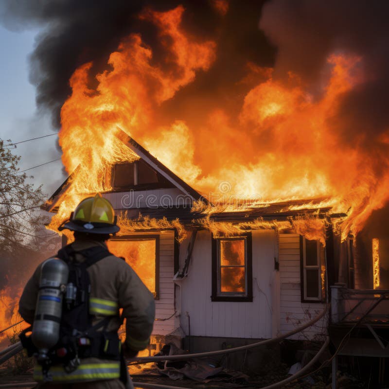 Fireman Fights Fire Burning Down a Home Stock Photo - Image of ...