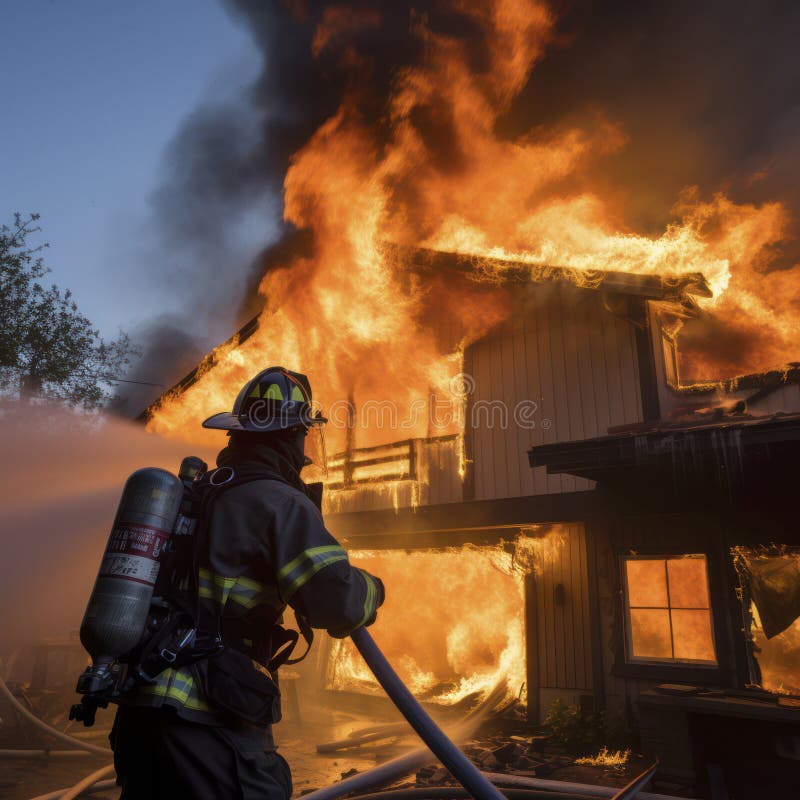 Fireman Fights Fire Burning Down a Home Stock Image - Image of accident ...