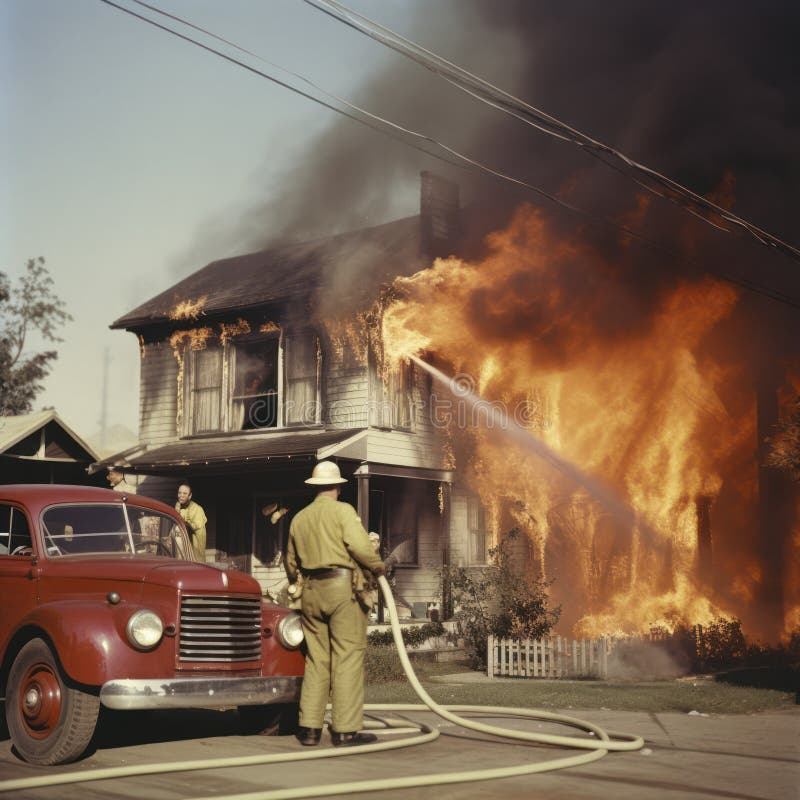 1900 Fireman Fights Fire Burning Homes Stock Image - Image of night ...
