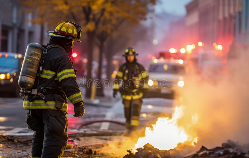 Fireman in Fireman Uniform and First Responders Extinguish Fire in ...