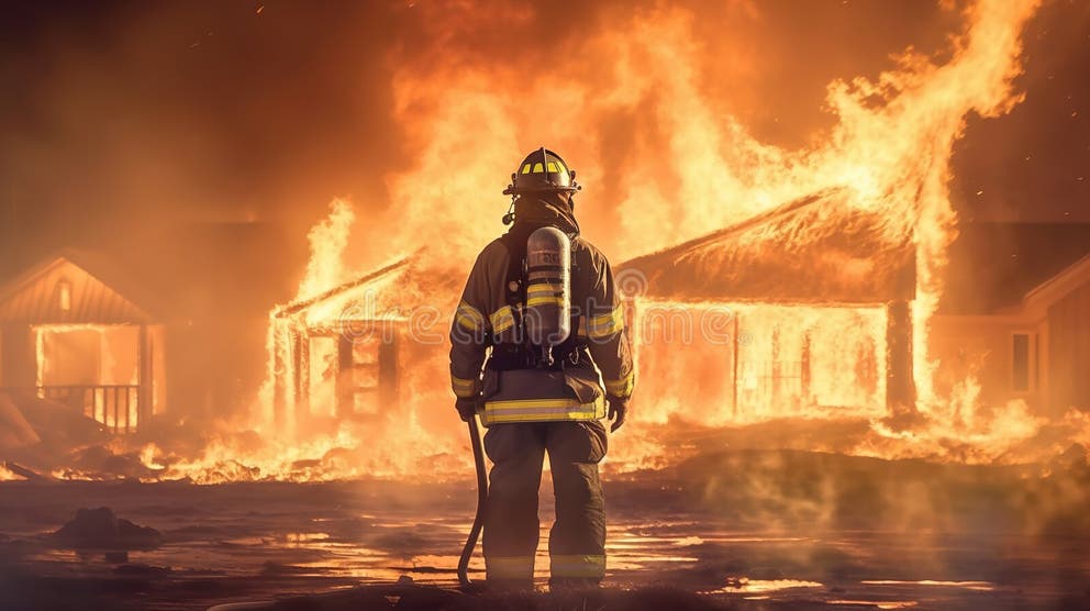 Fireman in Front of a Burning House. Stock Illustration - Illustration ...