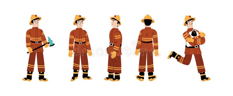 Fireman in Helmet in Front, Side and Back View Stock Vector ...