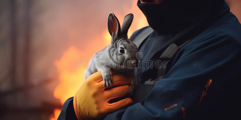 Fireman Holding Wild Rabbit during Fire in Forest Stock Image - Image ...