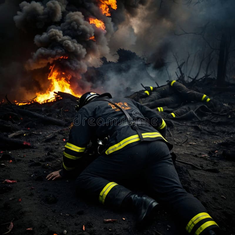 Fireman Injured Face Down Lying on Ground, Thick Black Smoke, Fire ...
