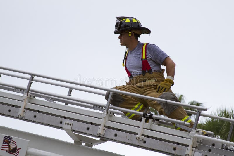 Fireman on ladder stock photo. Image of helmet, ladder - 14238196