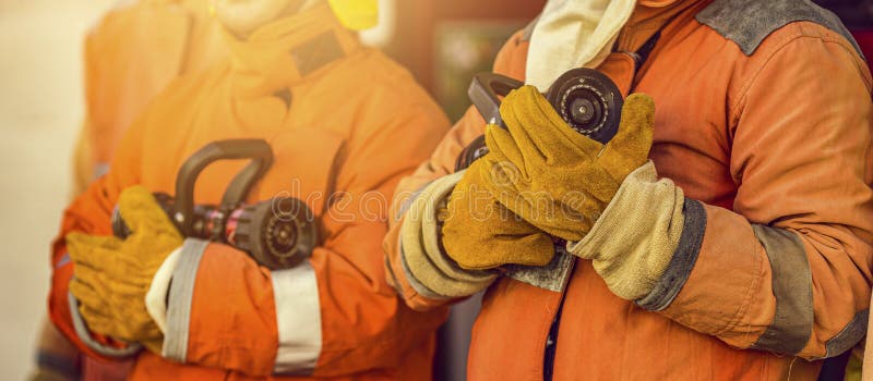Team Fireman Training Fighting Fire. Stock Image - Image of equipment ...
