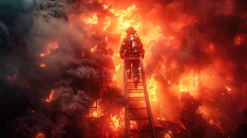 Fireman Standing on Stairs with Fire in the Background. Firefighters ...