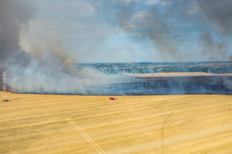 Fireman Truck Working on the Field on Fire Stock Photo - Image of ...