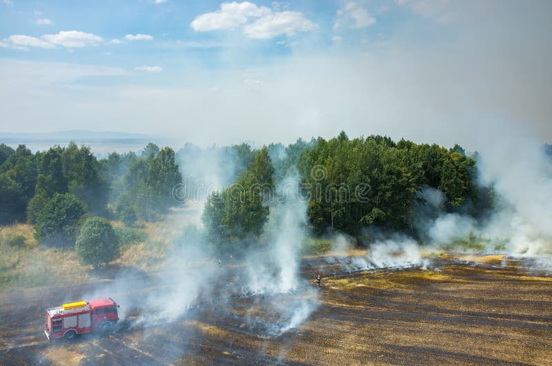 Fireman Truck Working on the Field on Fire Stock Image - Image of light ...