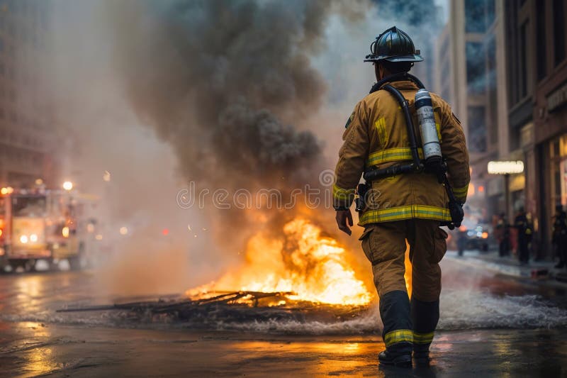 Fireman in Fireman Uniform and First Responders Extinguish Fire in ...