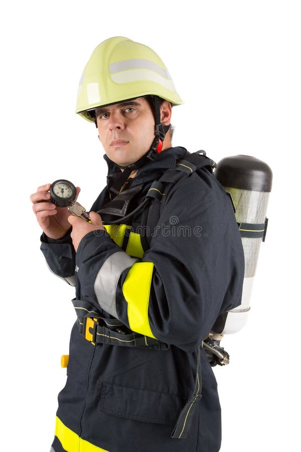 Fireman in Uniform Isolated in White Stock Photo - Image of oxygen ...
