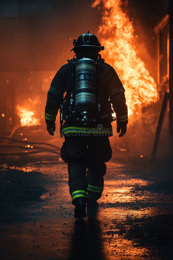 Fireman Using Water and Extinguisher To Fighting with Fire Flame in an ...