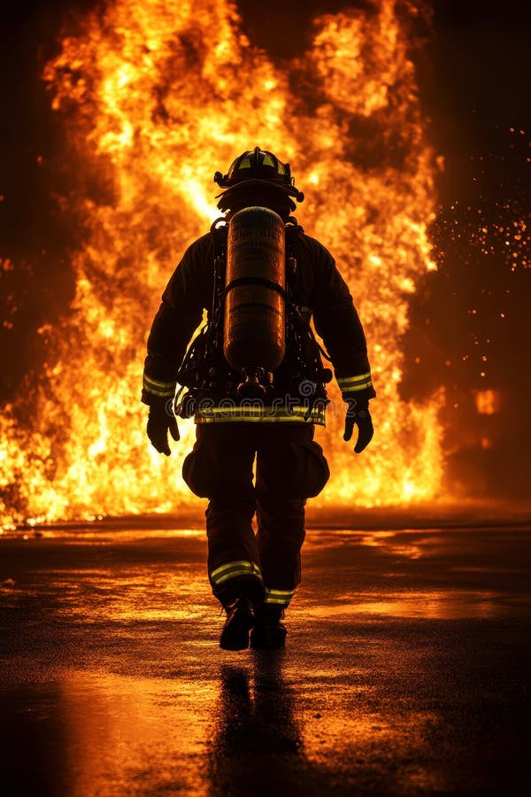 Fireman Using Water and Extinguisher To Fighting with Fire Flame in an ...