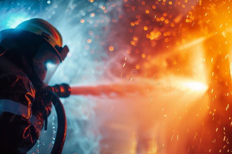 Fireman Using Water from Hose for Fire Fighting Near Burning Building ...