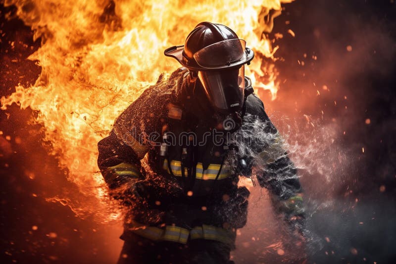 Fireman Using Water To Fighting with Fire Flame. Generative AI Stock ...