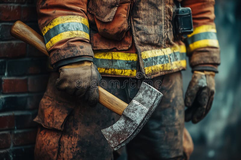 A Fireman in a Weathered Uniform Holds an Axe, Prepared for Emergency ...
