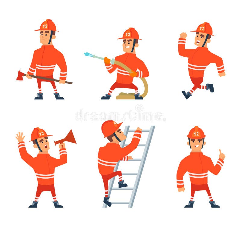 Fireman on the Work. Different Action Poses Stock Vector - Illustration ...