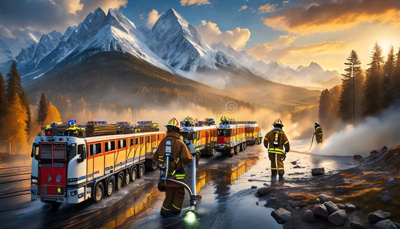 Firemen in Action Putting Out a Fire Stock Illustration - Illustration ...