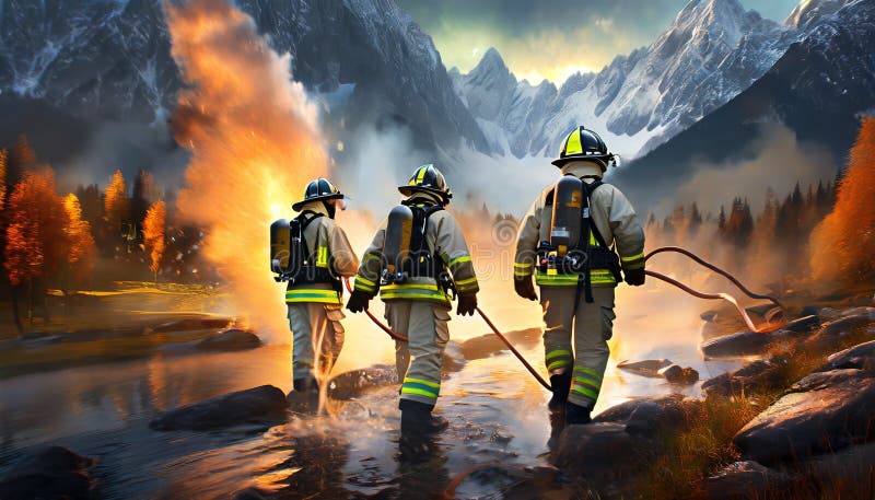 Firemen in Action Putting Out a Fire Stock Illustration - Illustration ...