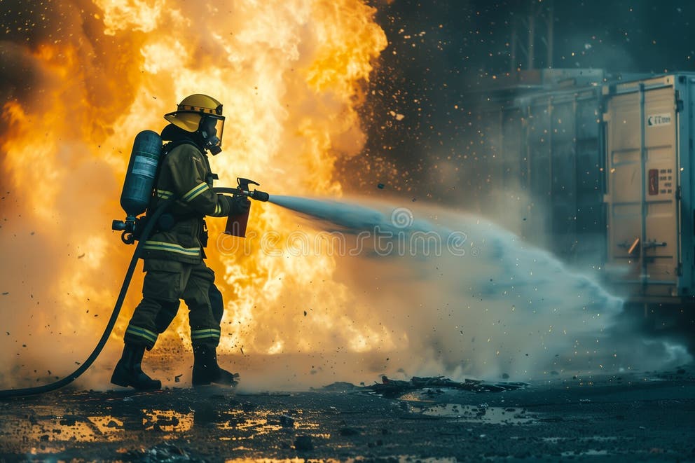 Firemen or Firefighter Use Fire Extinguisher To Control Fire Stock ...