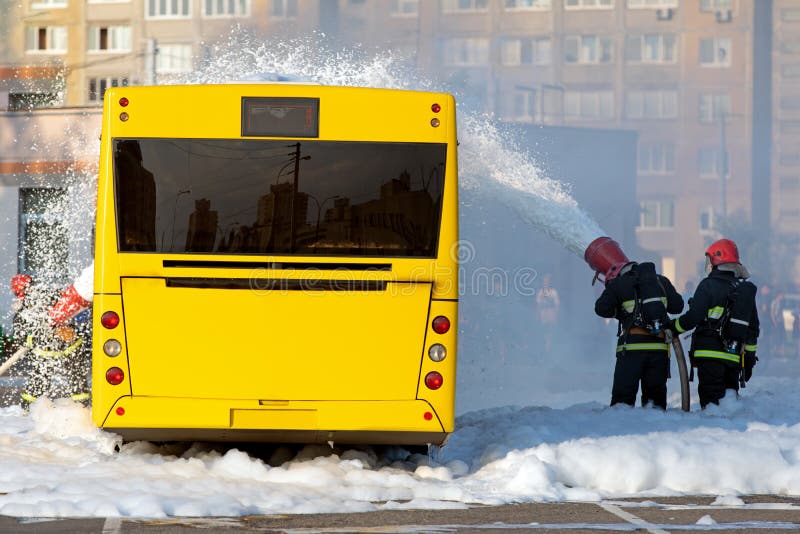 Firemen`s Crew Team Extinguish Burning Bus Stock Photo - Image of ...