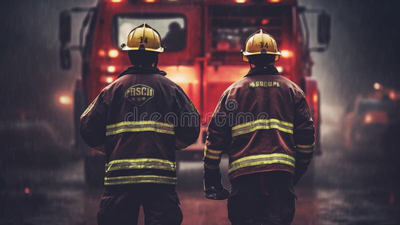Firemen in Uniform and Helmet Near Fire Engine Back View. Generative AI ...
