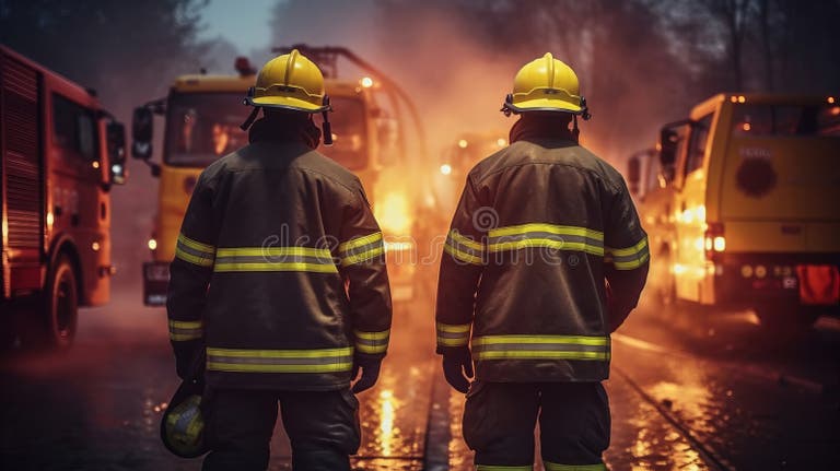 Firemen in Uniform and Helmet Near Fire Engine Back View. Generative AI ...
