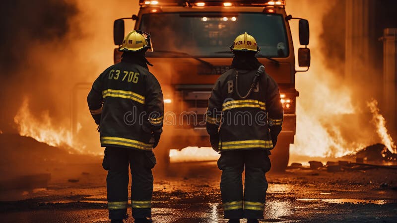 Firemen in Uniform and Helmet Near Fire Engine Back View. Generative AI ...