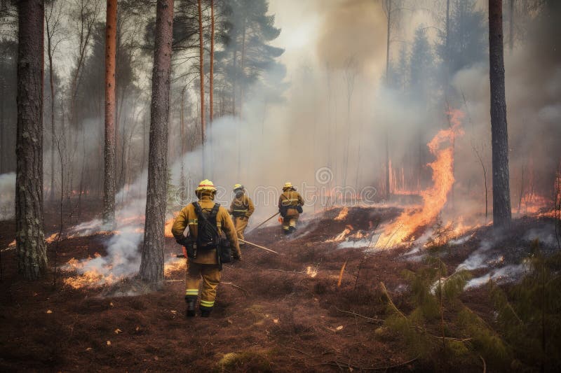 Firemen in a Wildfire Area Fighting Fire and Removing Flammable Objects ...