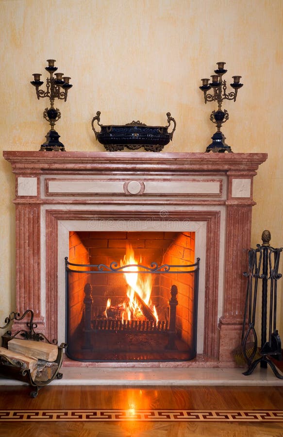 Home fireplace stock image. Image of lamp, firewood, wall - 11689257