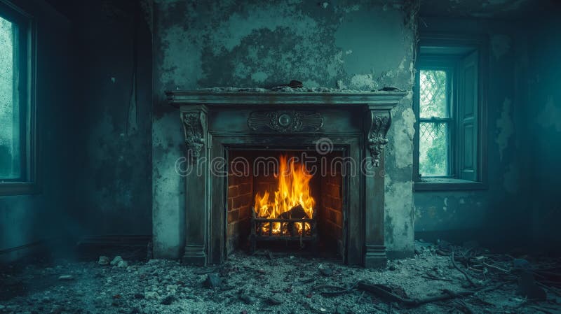 A Fireplace in an Abandoned Room with a Fire in it Stock Image - Image ...