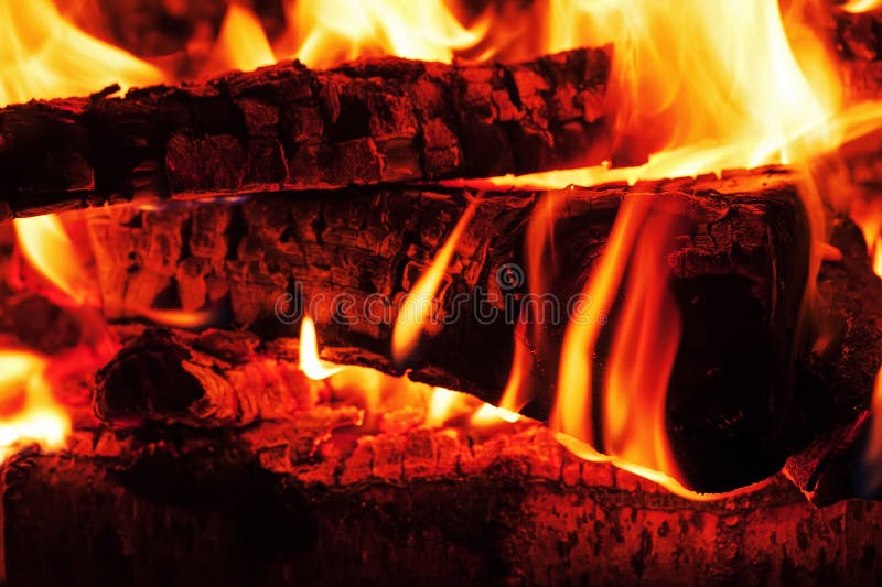 Fireplace with Birch Firewood and Flame. Stock Image - Image of night ...