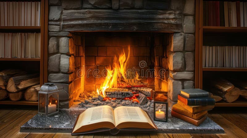 A Fireplace with a Book on it and a Stack of Books Next To it Stock ...